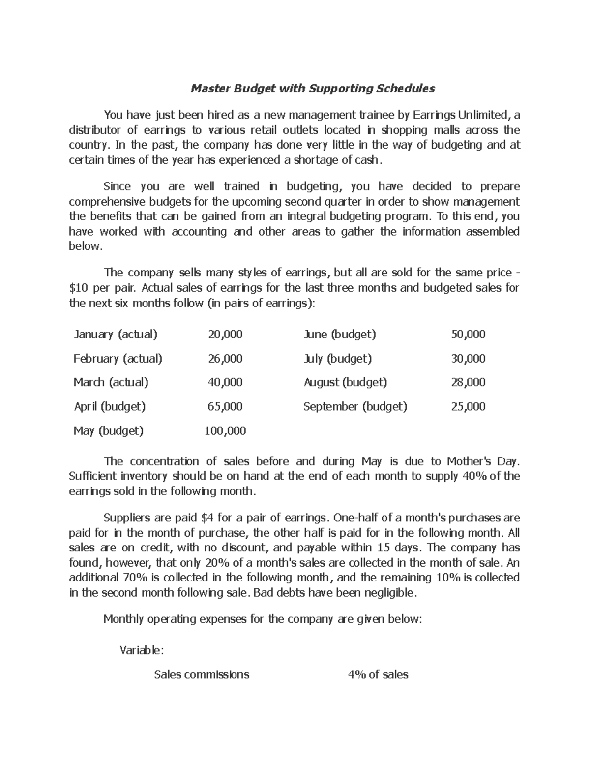 Module 1 - Case Study Analysis Master Budget - Master Budget with Supporting Schedules You have ...