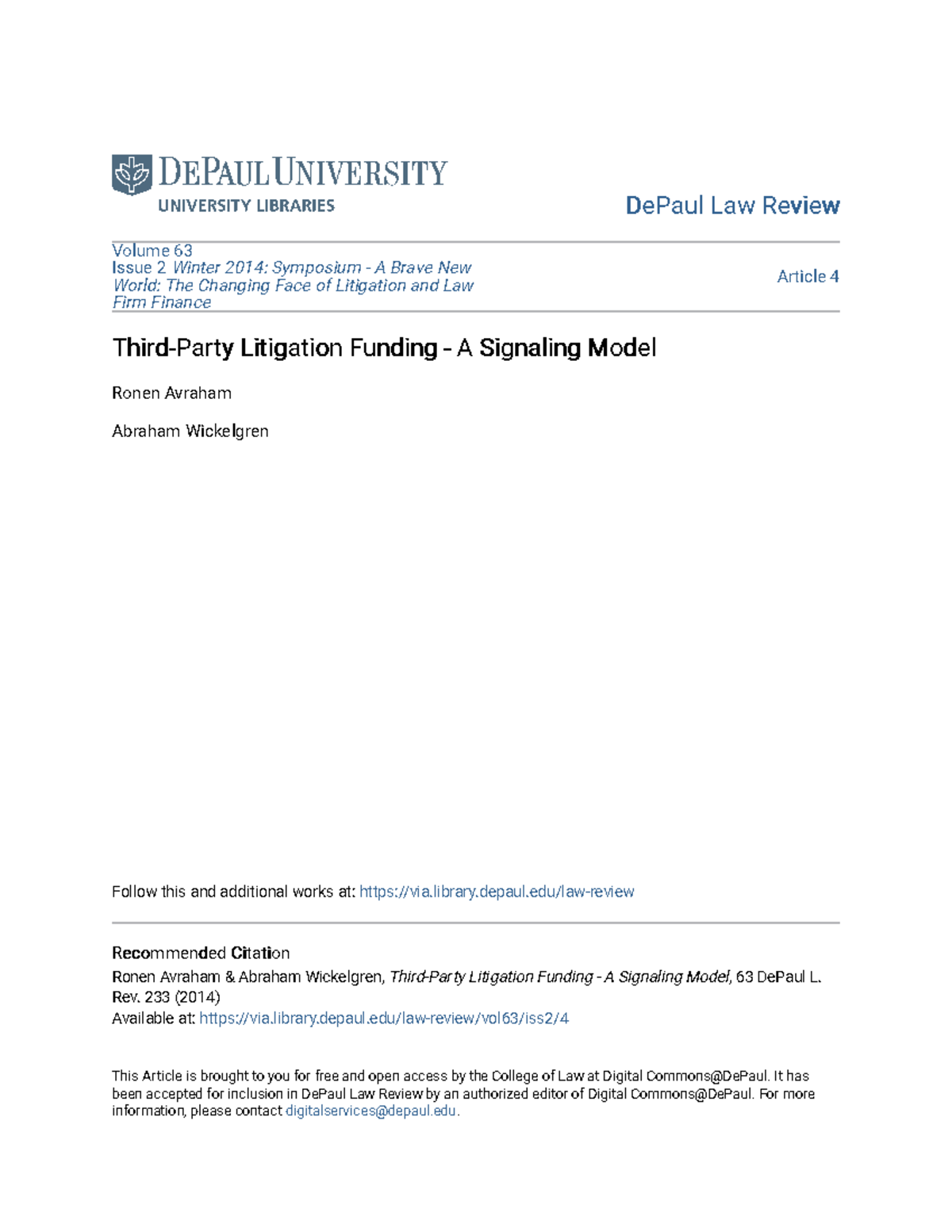 Third-Party Litigation Funding - A Signaling Model - library.depaul/law ...