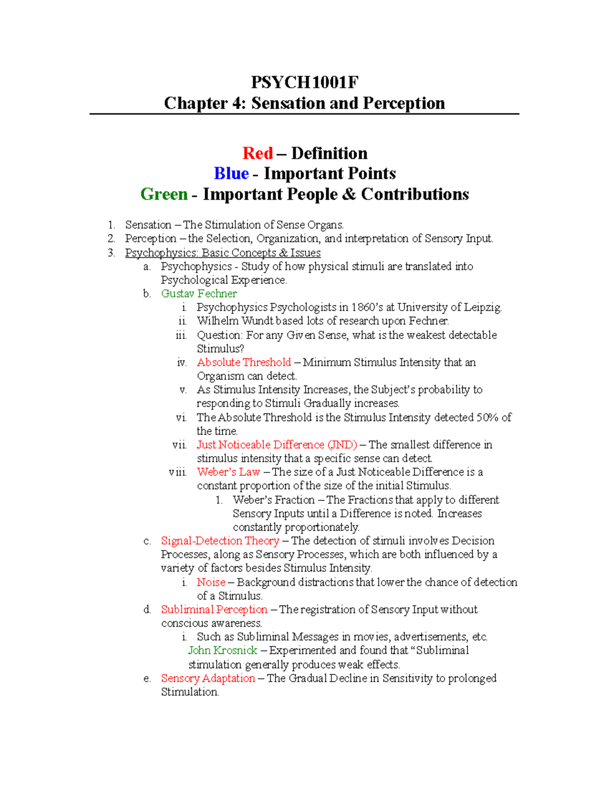 Psych 1001 Chapter 4 Notes - Sensation & Perception - PSYCH1001F ...