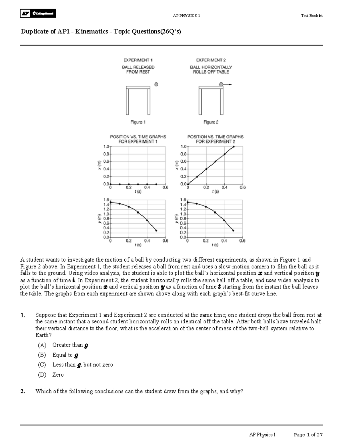 -0- Blank-Unit 1 - Kinematics -Sec1.1-Topic Questions - MCQ(26) - A ...