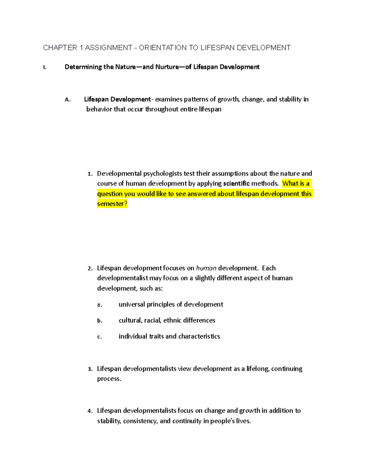 2070. Chapter 1. assignment - CHAPTER 1 ASSIGNMENT - ORIENTATION TO LIFESPAN DEVELOPMENT I ...