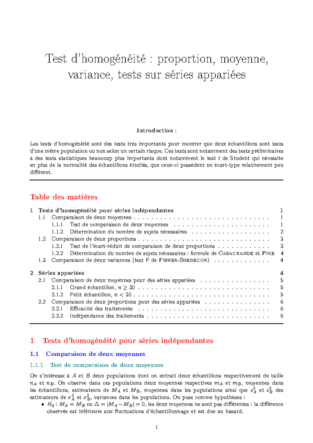 Test d’homogénéité : proportion, moyenne, variance, tests sur séries ...