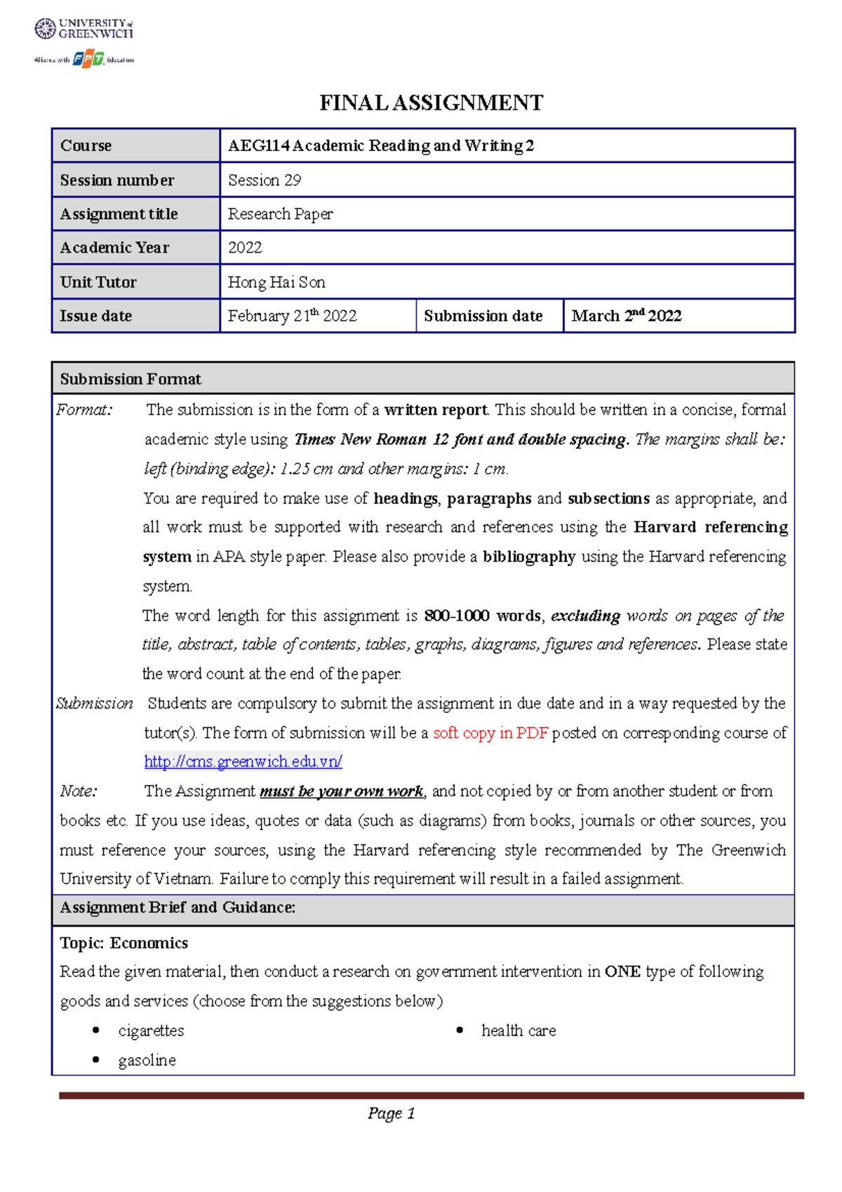 AEG114 Final Assignment Brief Su21P1 - FINAL ASSIGNMENT Course AEG114 ...