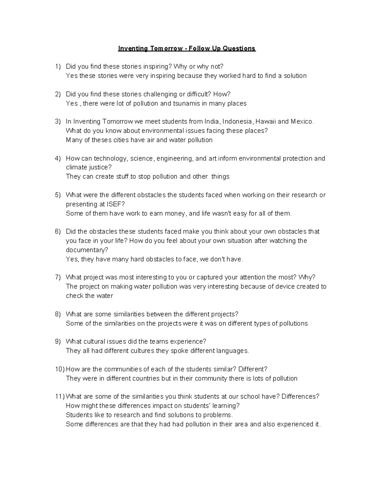 Copy of Inventing Tomorrow - Follow Up Questions - Inventing Tomorrow ...
