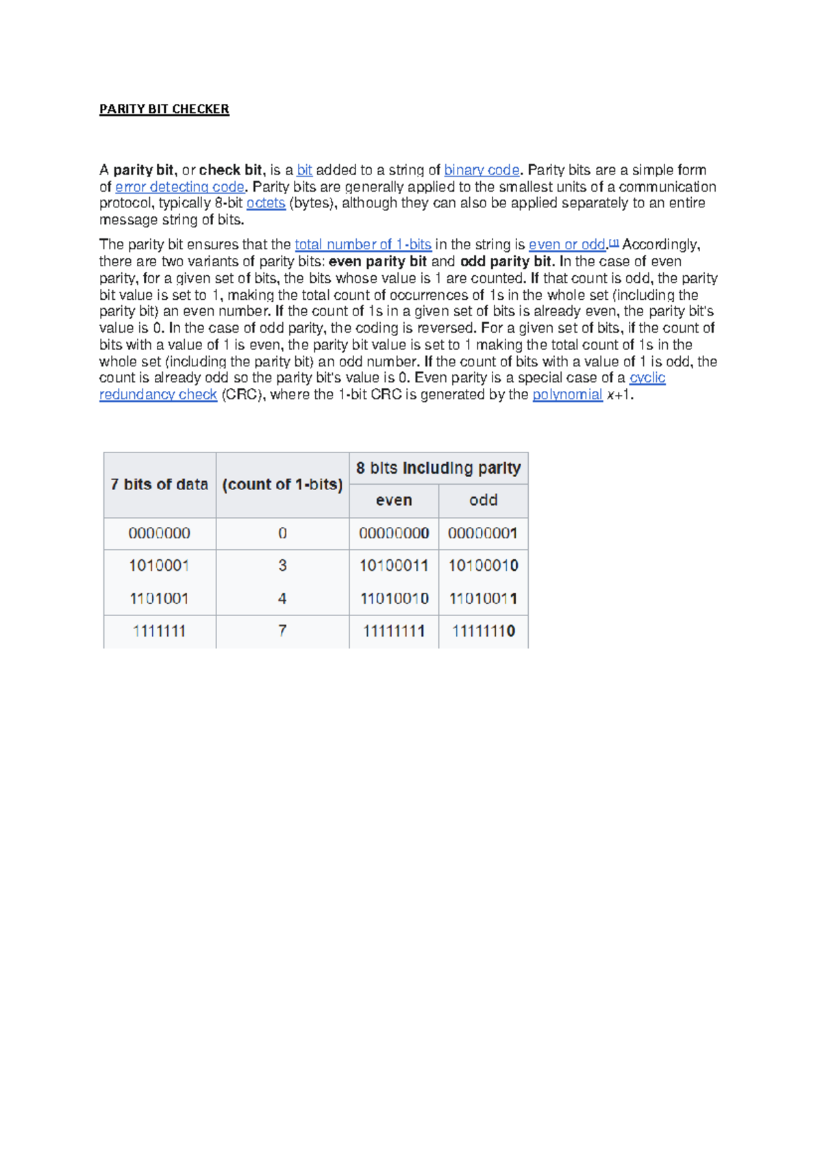 Parity what is it about - 2016 - PARITY BIT CHECKER A parity bit, or ...