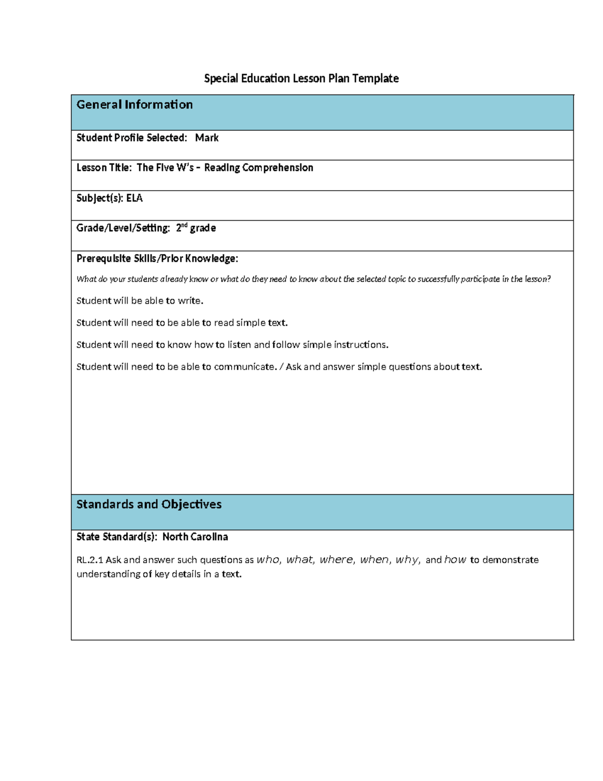 D005 task 1 lesson plan - Special Education Lesson Plan Template General Information Student ...