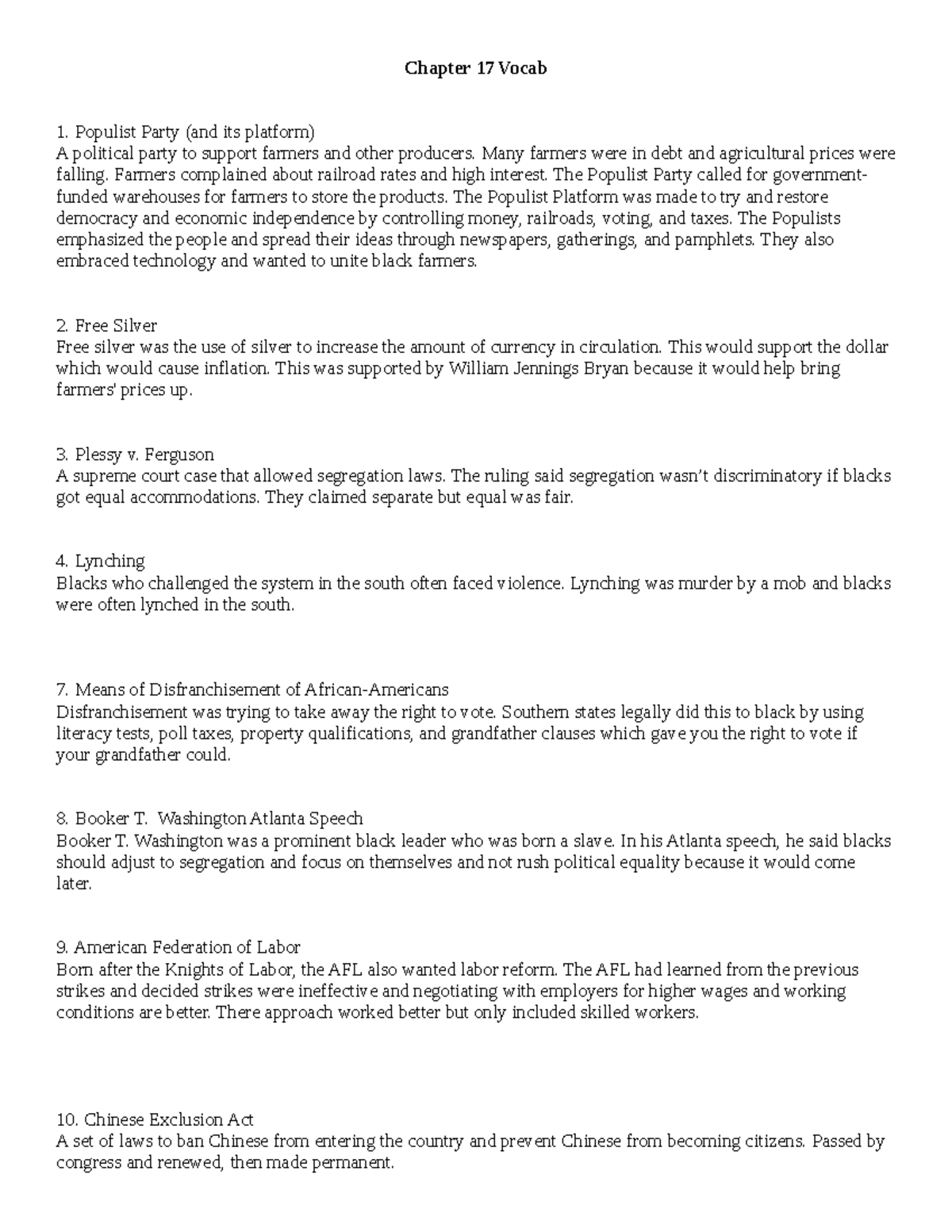 Copy of Ch 17 Vocab - ap us history - Chapter 17 Vocab Populist Party ...