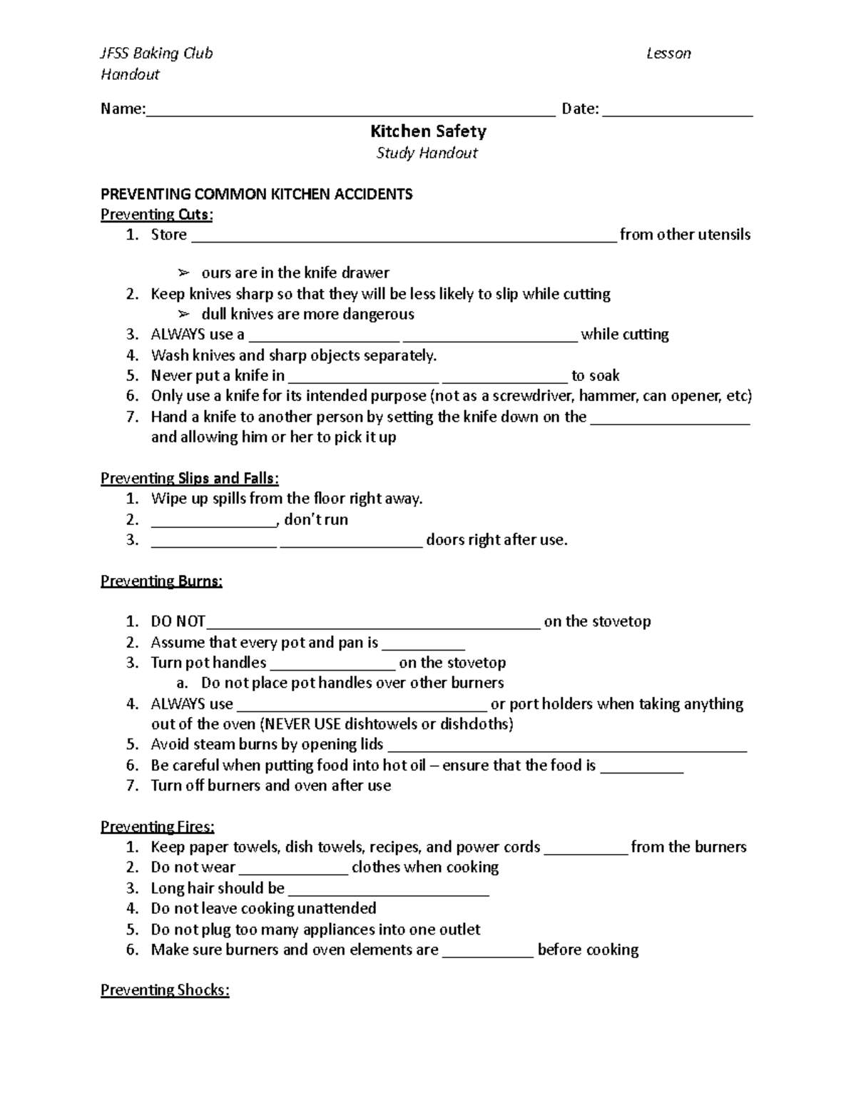 Kitchen Safety Handout - JFSS Baking Club Lesson Handout - Studocu