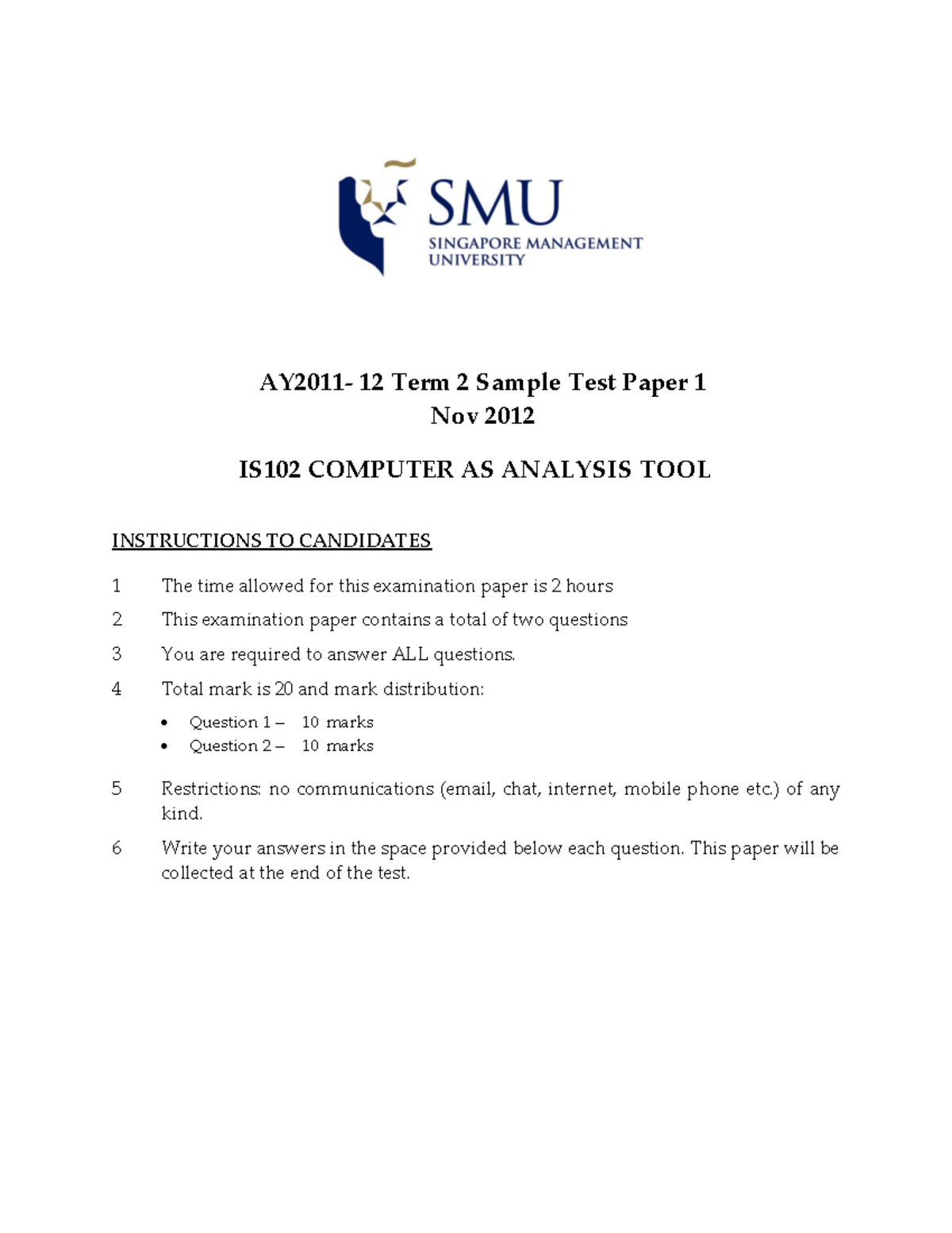 CAT Sample Paper A - AY2011- 12 Term 2 Sample Test Paper 1 Nov 2012 ...