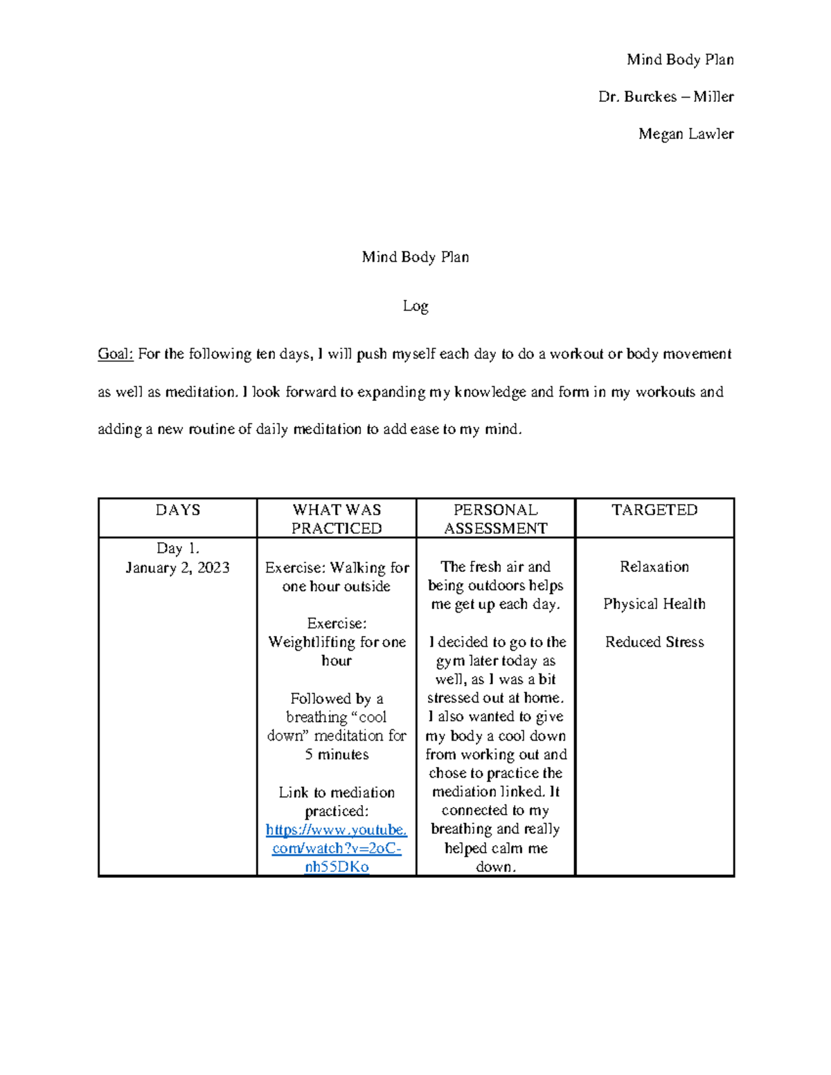 Mind Body Plan LOG - At least one paragraph/ bulleted information ...