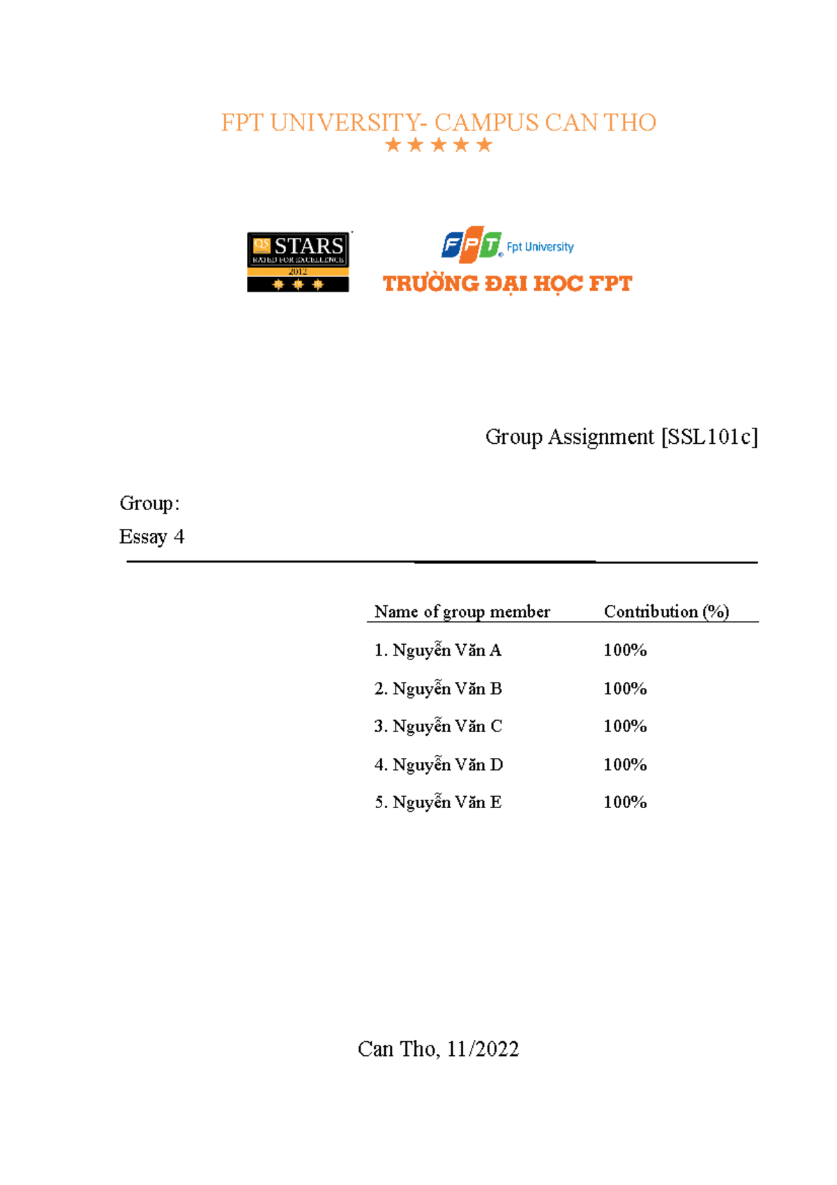 Essay 4 Group Assignment - FPT UNIVERSITY- CAMPUS CAN THO Group Assignment [SSL101c] Group ...