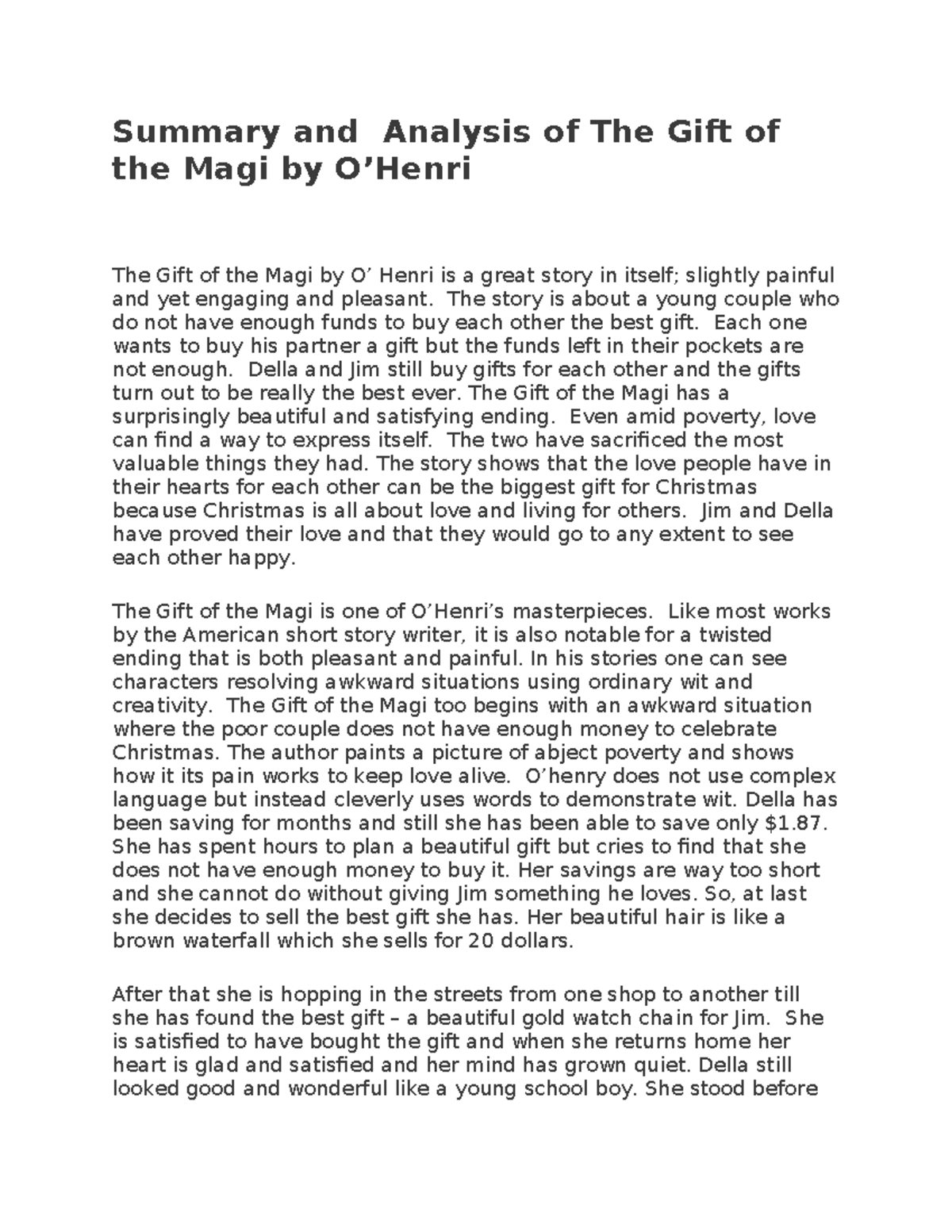 The Gift of the Magi - The gift of the Magi - Summary and Analysis of ...