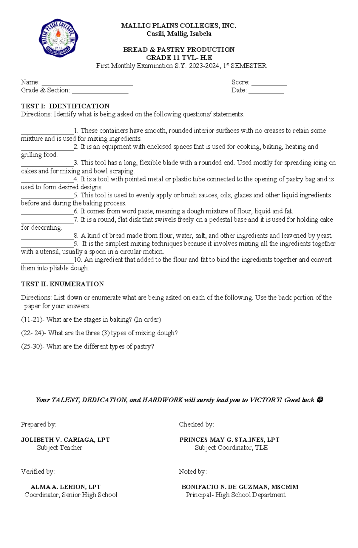 11 TVL- H.E BPP - Monthly Examination - MALLIG PLAINS COLLEGES, INC ...