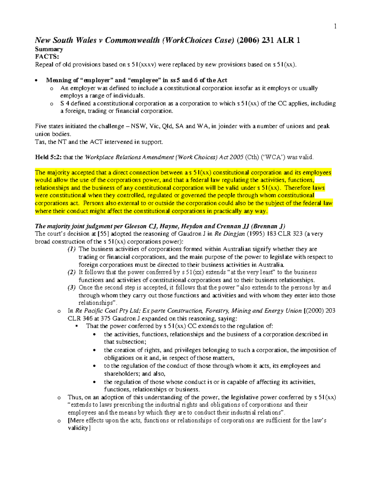 Workchoices Edit - New South Wales v Commonwealth (WorkChoices Case ...