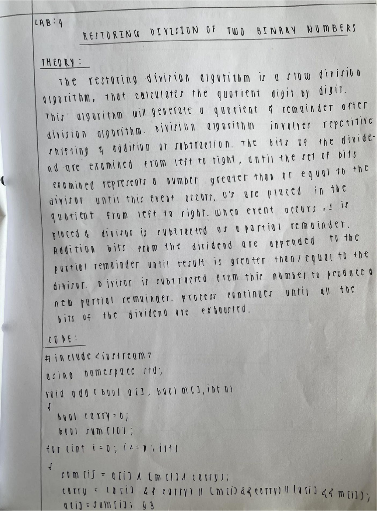 COA last lab - study material - LAB 4 RESTORING DIVISION OF TWO BINARY ...