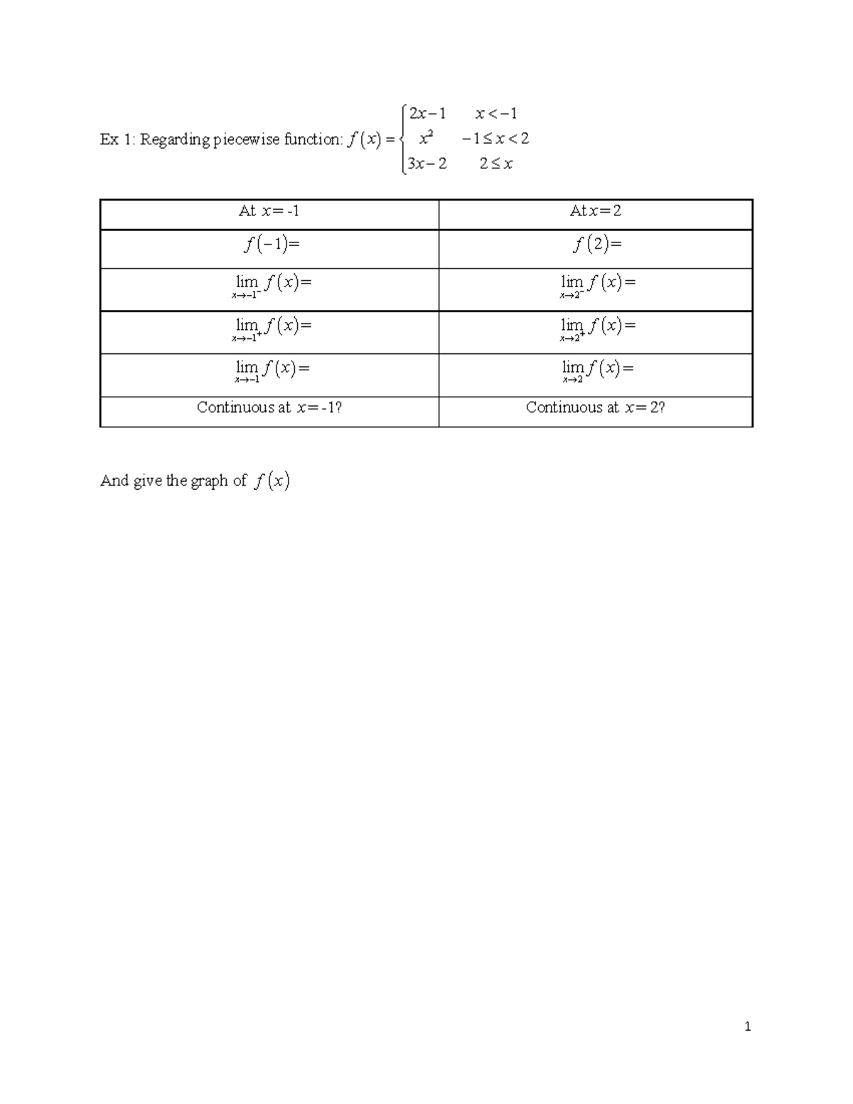 Piecewise function and continuity - Copy - 1 Ex 1: Regarding piecewise ...