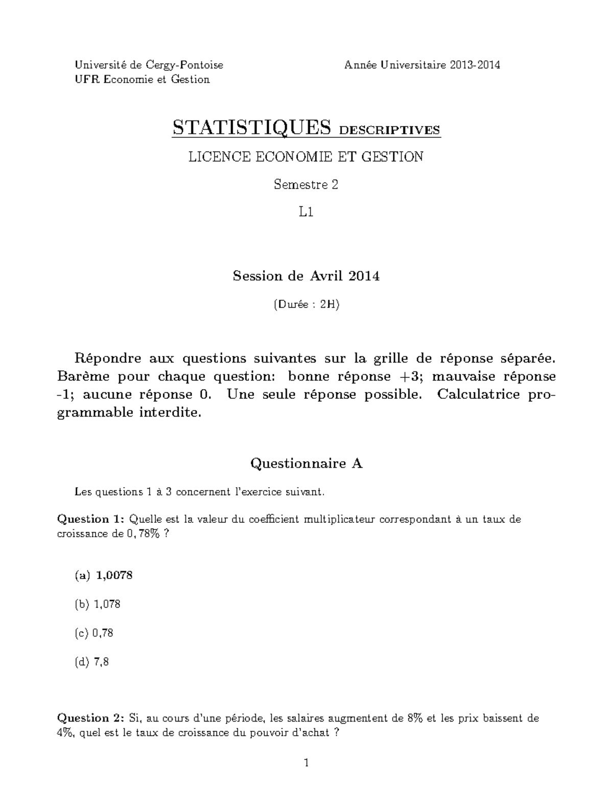 Partiel avril 2014 +corrigé - Université de Cergy-PontoiseUFR Economie et Gestion Année - Studocu