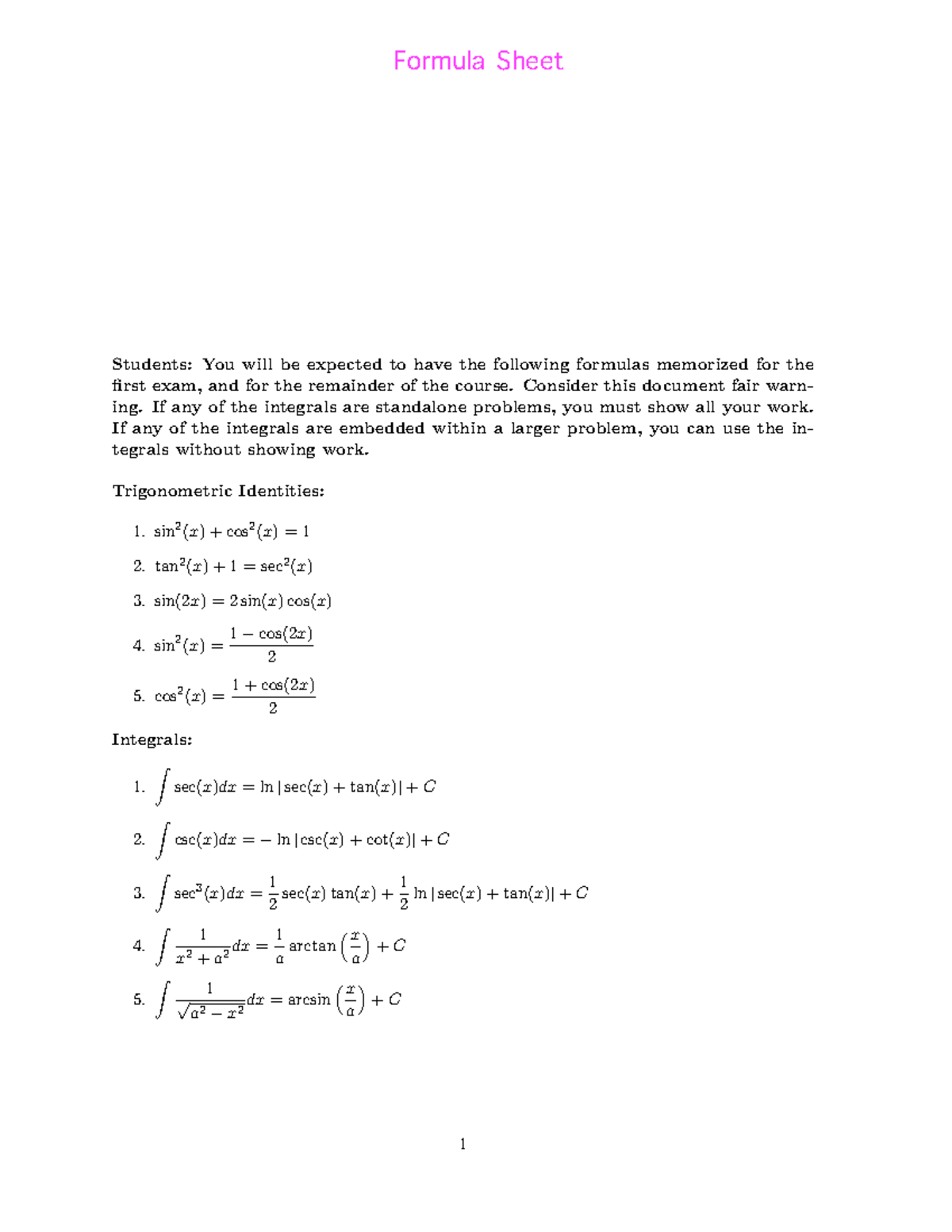 Math 2300 Formula Sheet - Math 2300 Calculus 2, Spring 2020 Exam 1 ...