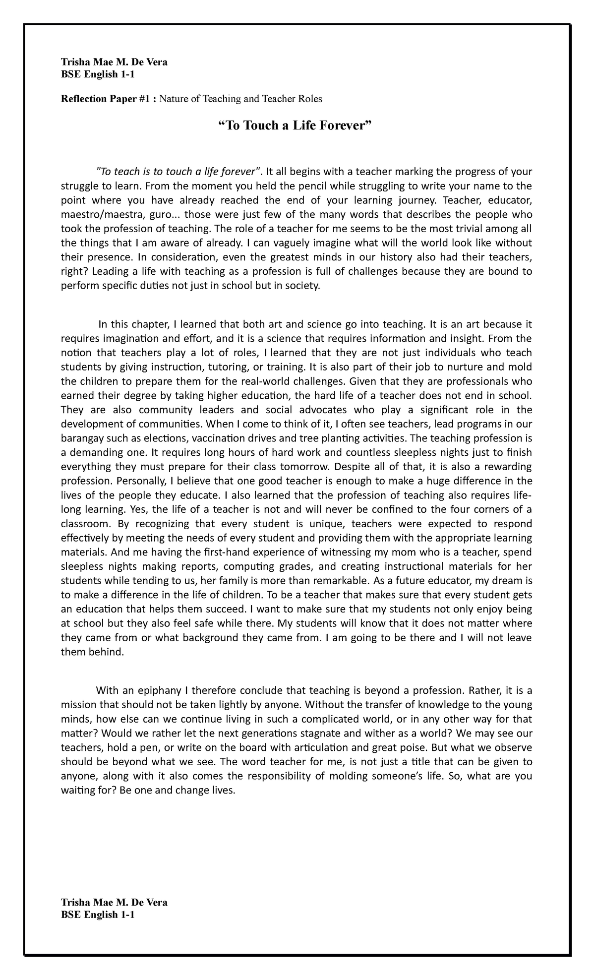 Reflection paper #1 - wbirbfuibui - BSE English 1- Reflection Paper #1 ...