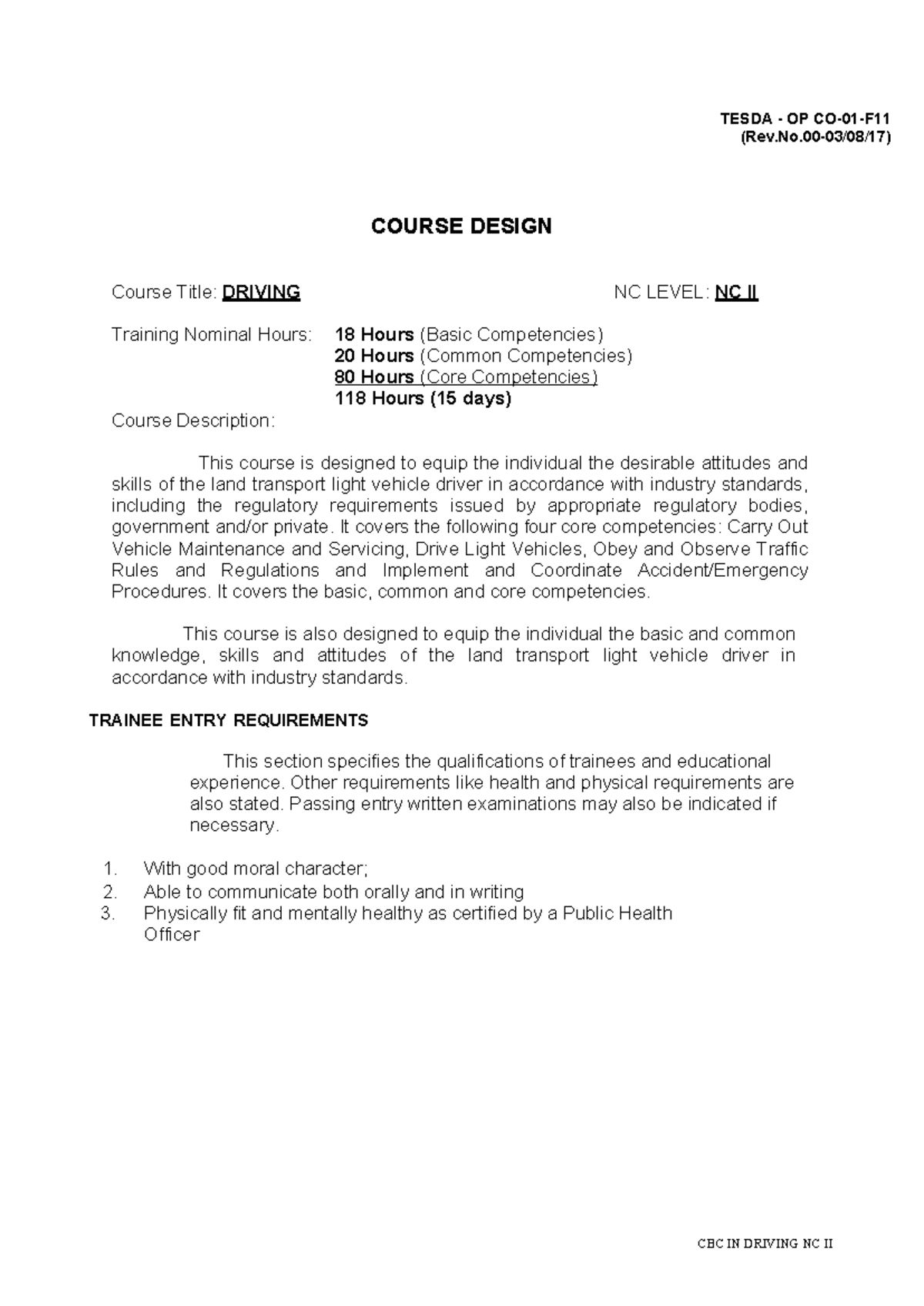 CBC Driving NC II - A TRAINING - (Rev.No-03/08/17) COURSE DESIGN Course ...