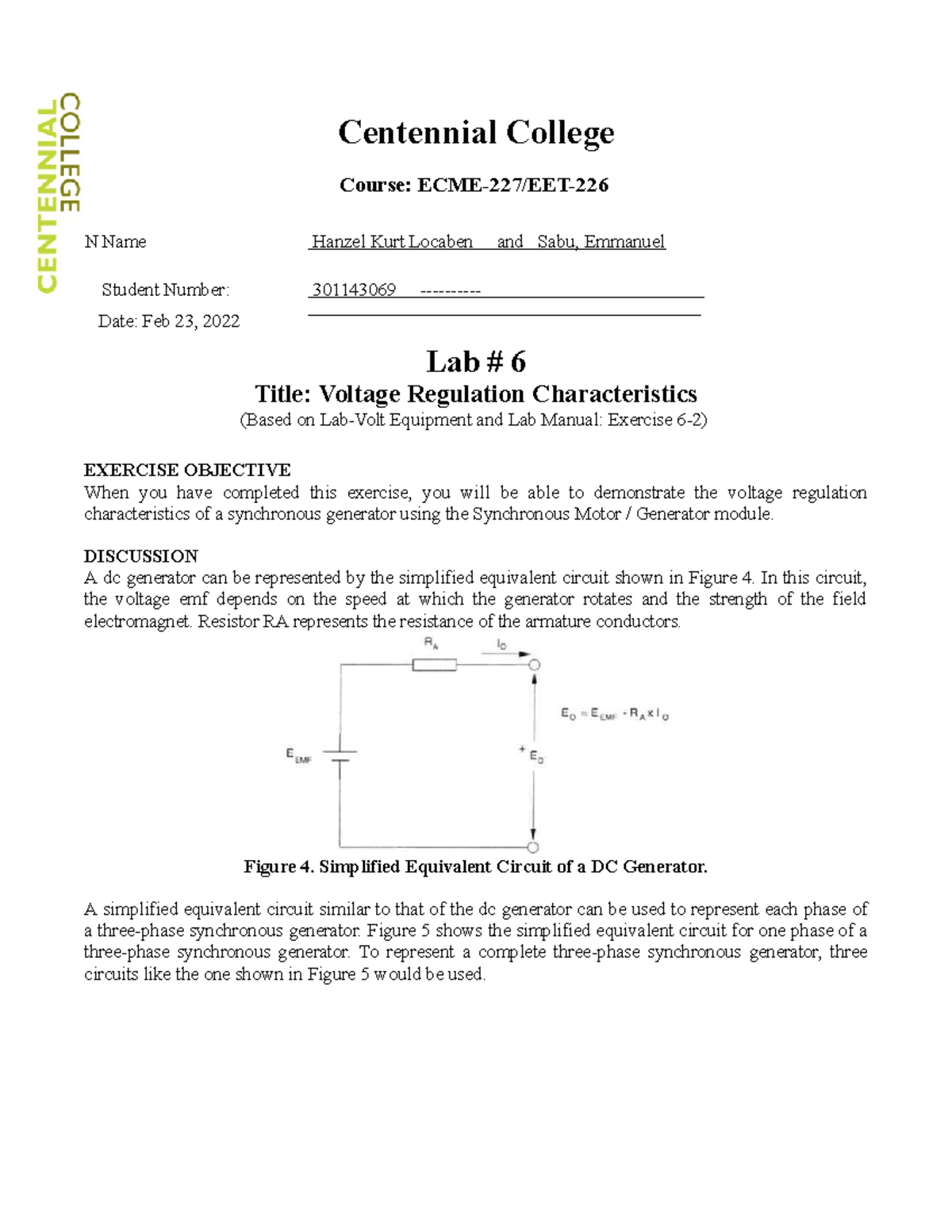EET-226 Lab ^N 6 voltage regulation characteristics - Centennial ...