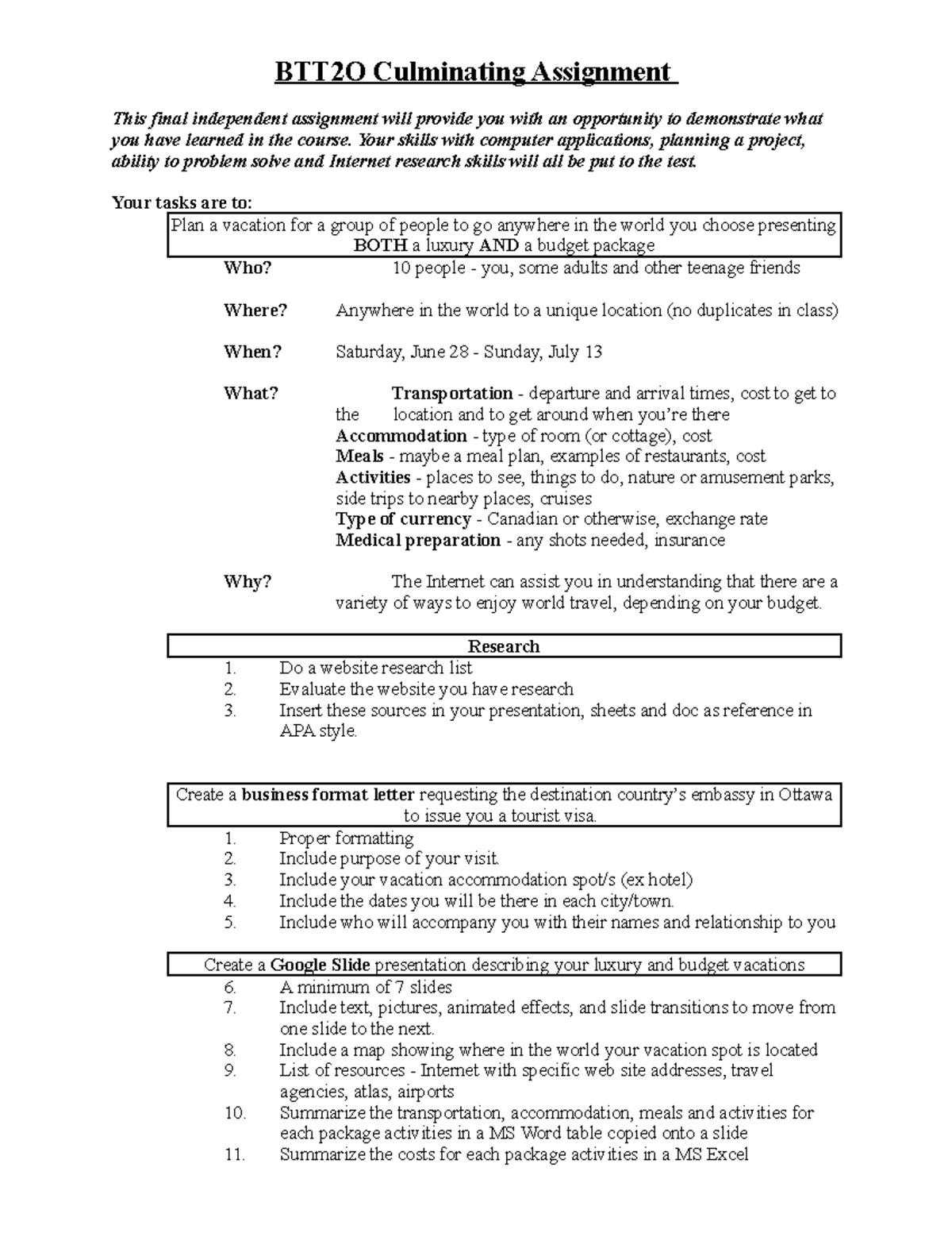 Culminating Travel - BTT2O Culminating Assignment This final ...