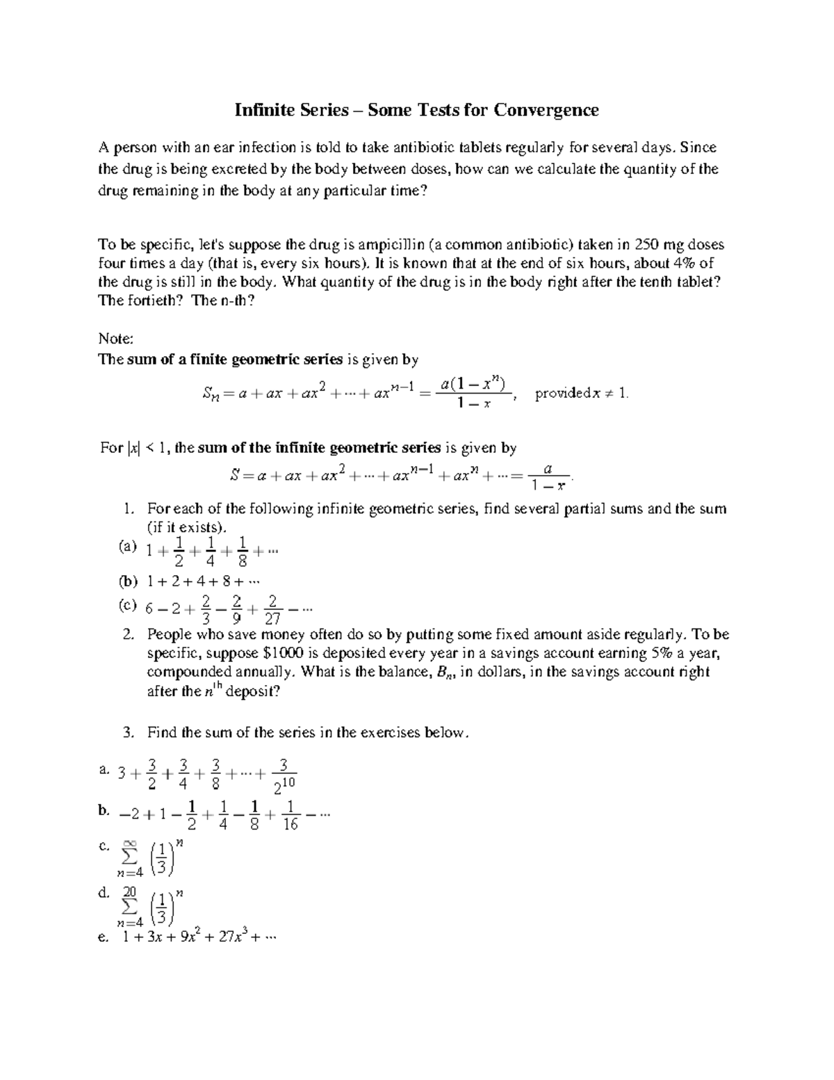 Convergence Tests - Infinite Series – Some Tests for Convergence A ...