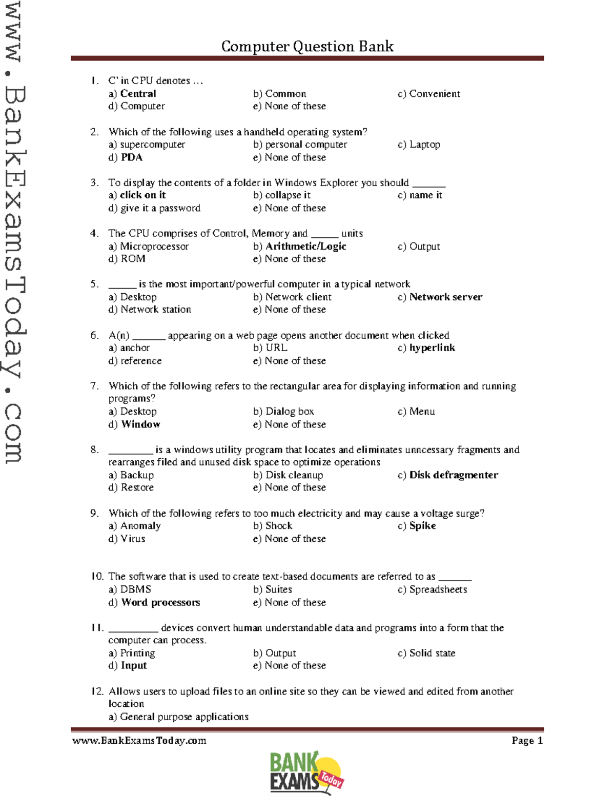 Comp. 100 - I need help.en - Computer Question Bank C' in CPU denotes ...