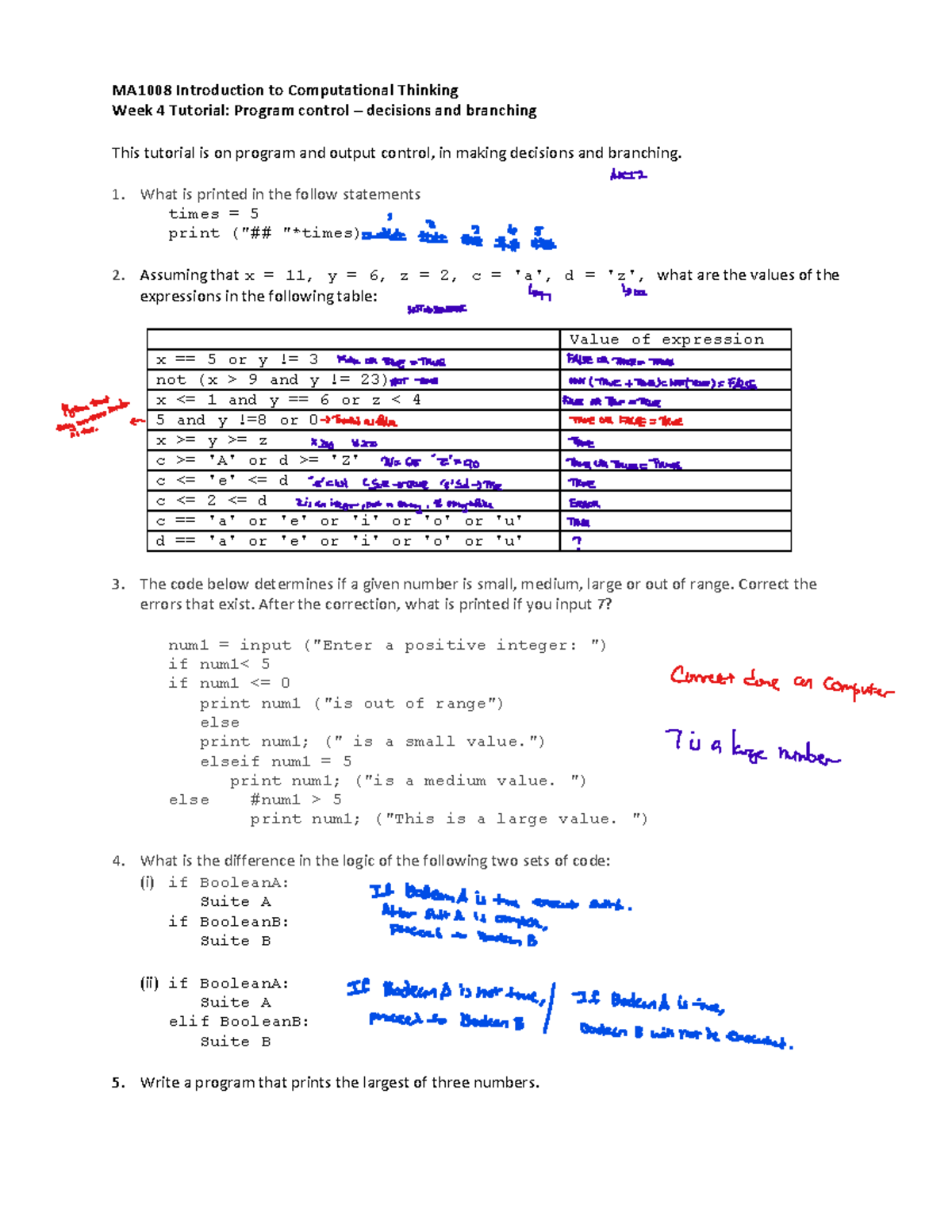 Week 4 Tutorial Branching And Selection Ma1008 Introduction To Computational Thinking Week 4