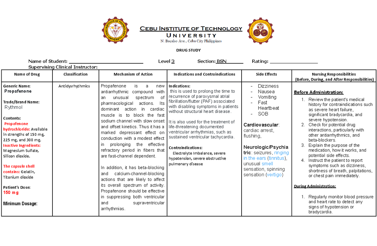 Propafenone Drug Study - DRUG STUDY Name of Student: Level 3 Section ...