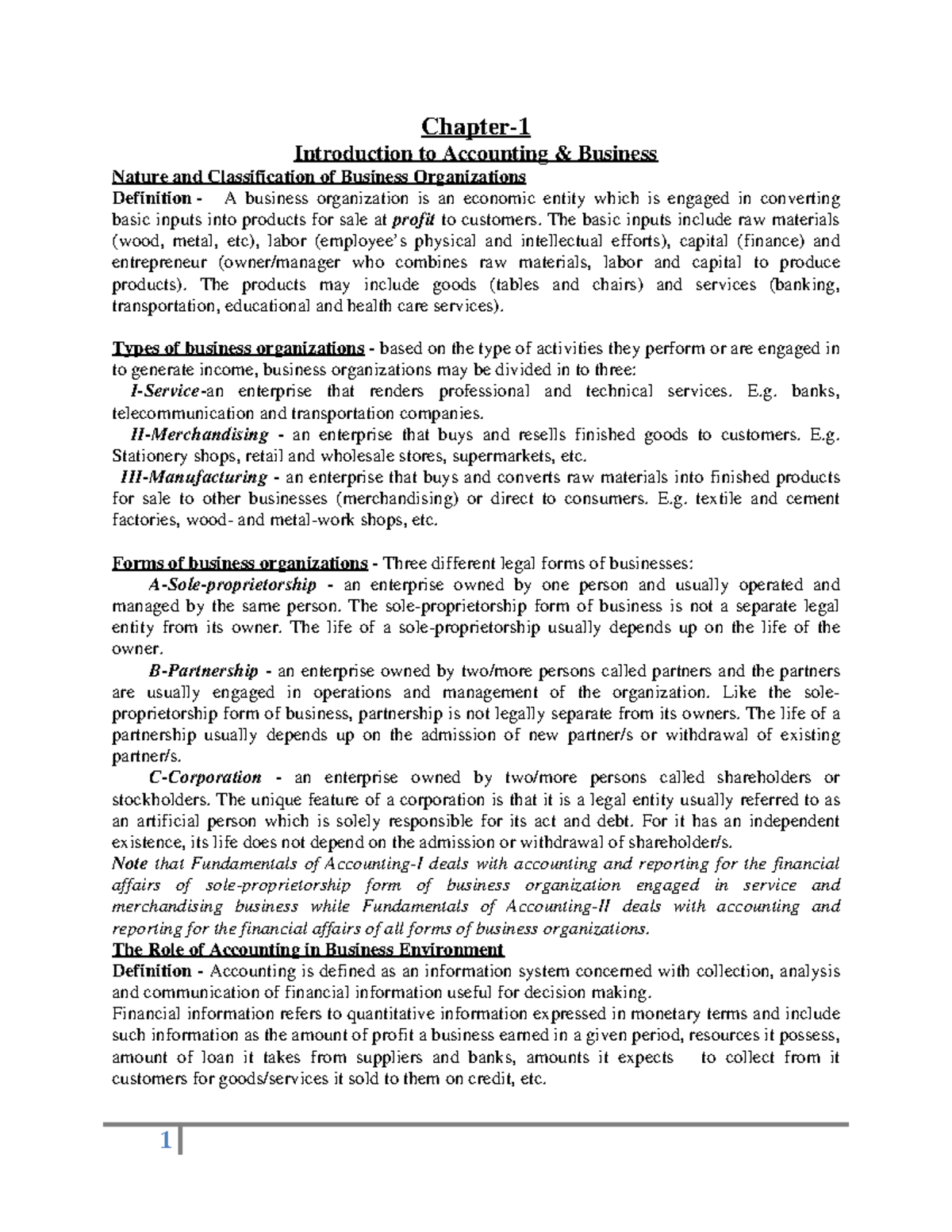 Ch 1 Introduction TO ACC & Business - Chapter- Introduction to ...