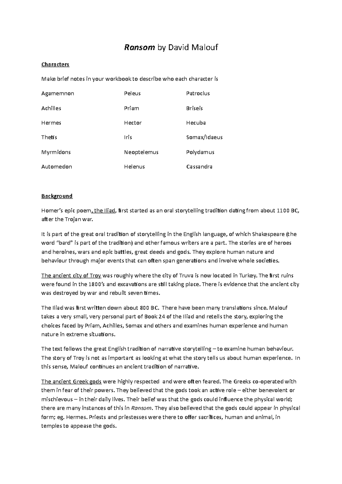 Ransom by David Malouf - teacher notes - Ransom by David Malouf ...