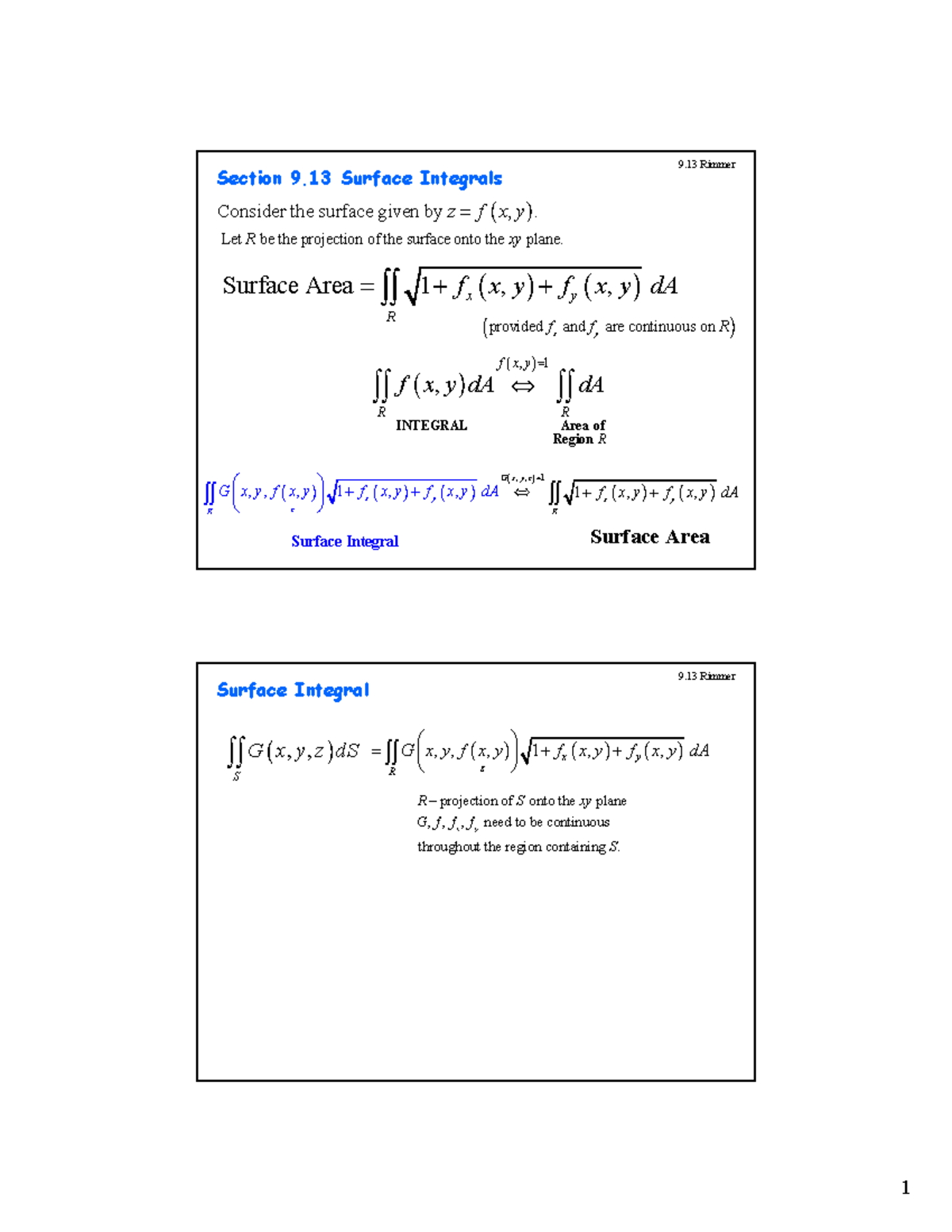 Surface integral - 1 9 Rimmer Section 9 Surface Integrals Surface Area 1 x ( , ) y( , ) R = + f ...