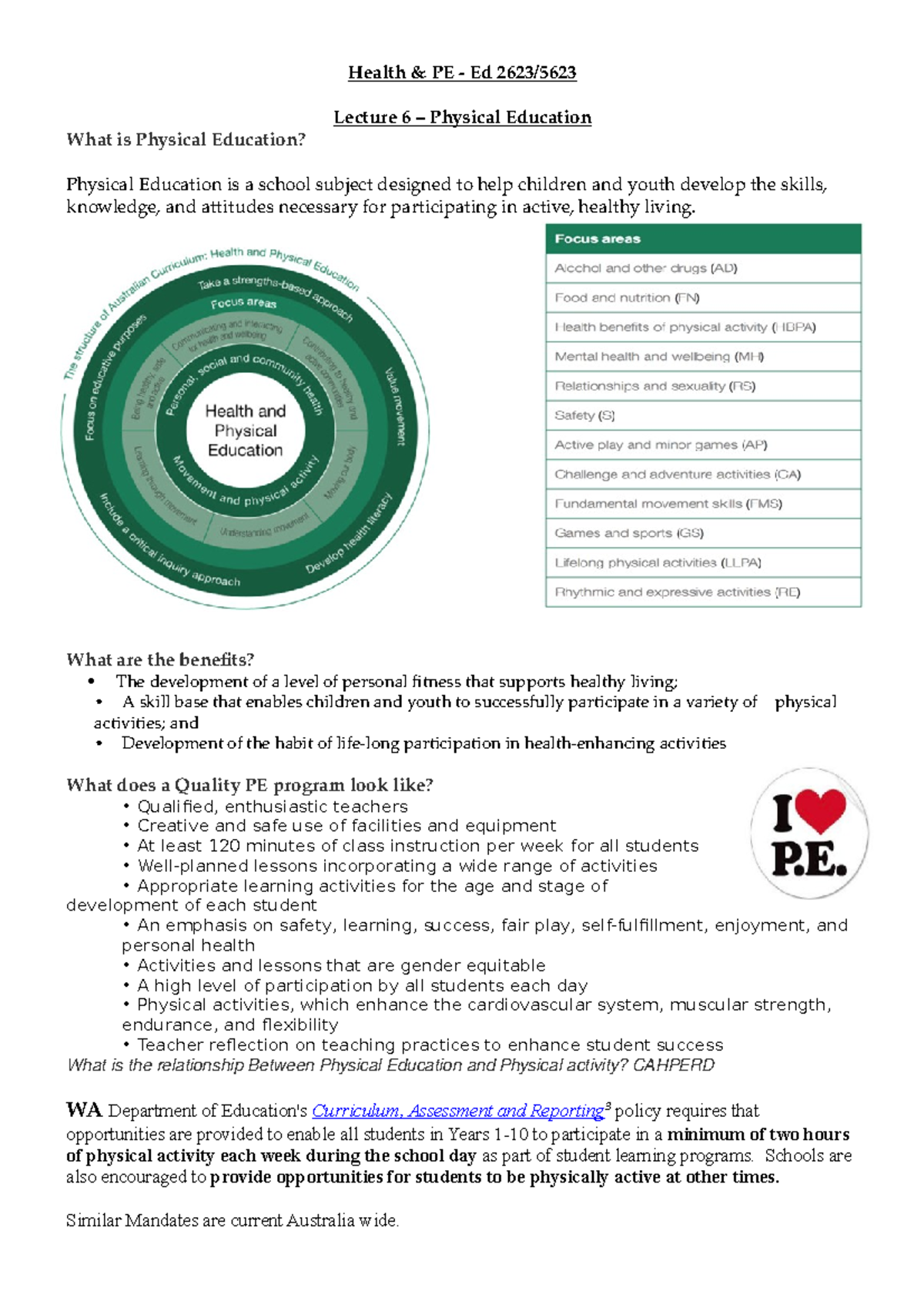 Lecture 6 Physical Education Notes - Health & PE - Ed 2623/ Lecture 6 ...