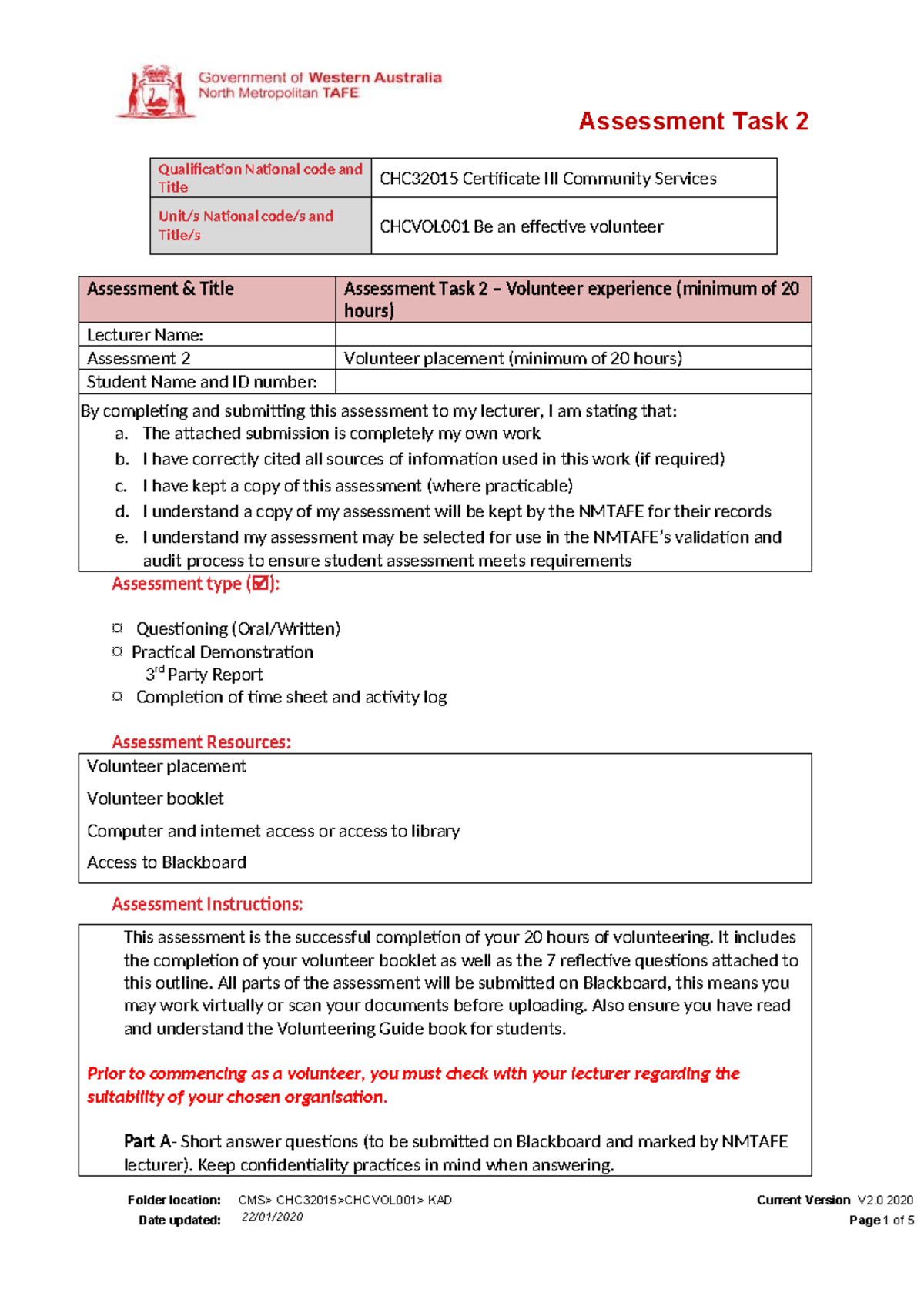 Done Chcvol 001 AT2 A OCF(1) - Qualification National code and Title ...