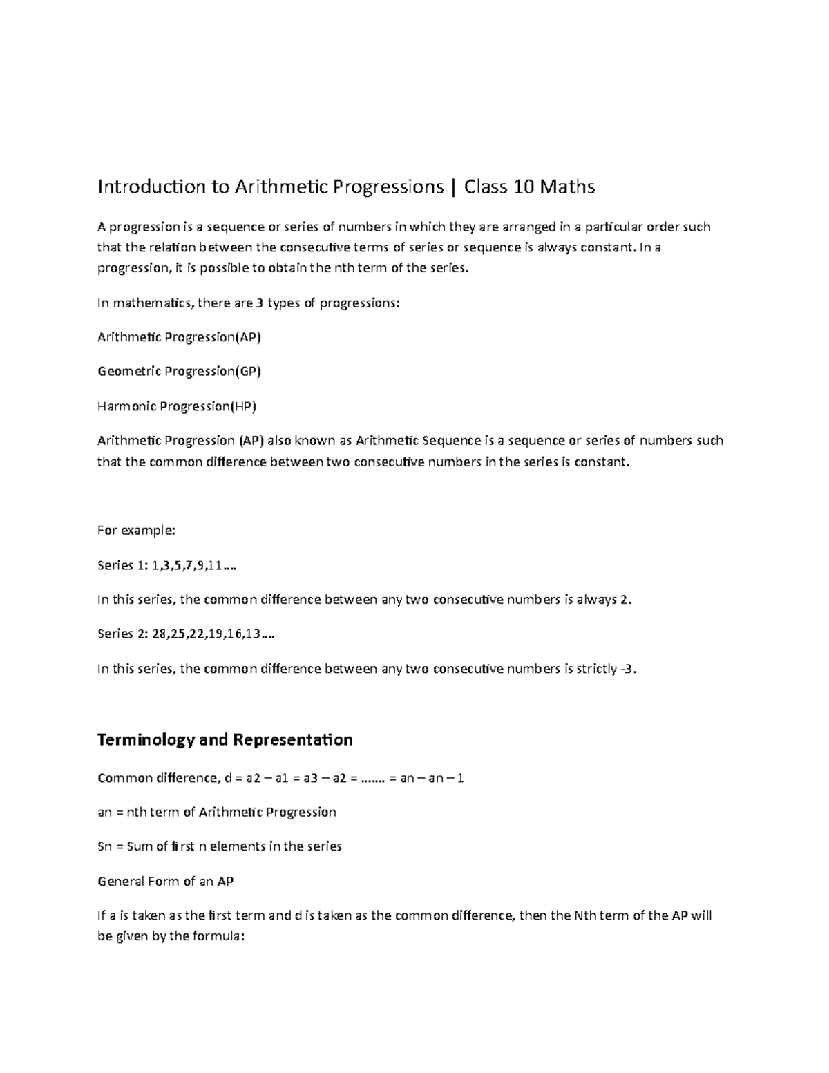Notes On Arithmetic Progression - Introduction to Arithmetic ...