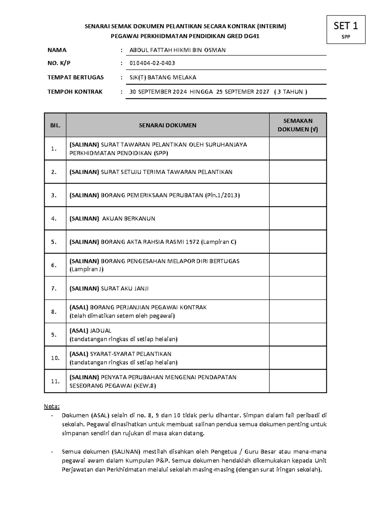 Senarai Semak - ..... - SENARAI SEMAK DOKUMEN PELANTIKAN SECARA KONTRAK ...