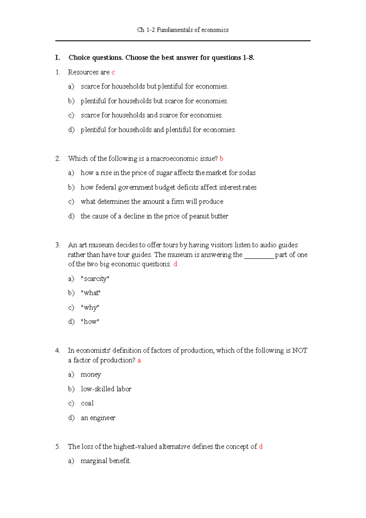 Ch1-2 basics of economics 2024 - I. Choice questions. Choose the best ...
