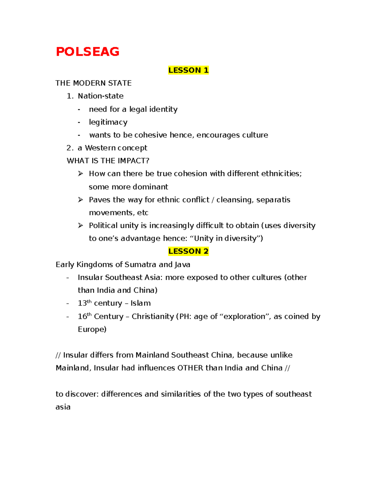 Political Theory NOTES - POLSEAG LESSON 1 THE MODERN STATE Nation-state ...