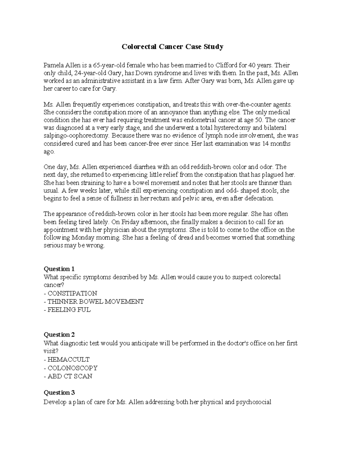 Colorectal Cancer Case Study - Colorectal Cancer Case Study Pamela ...