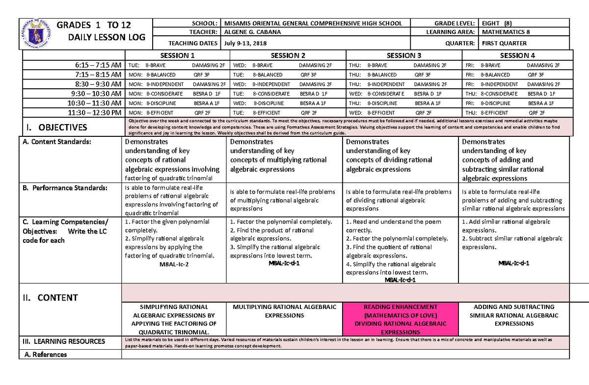 6. July 9-13, 2018 - cxvcx - GRADES 1 TO 12 DAILY LESSON LOG SCHOOL ...