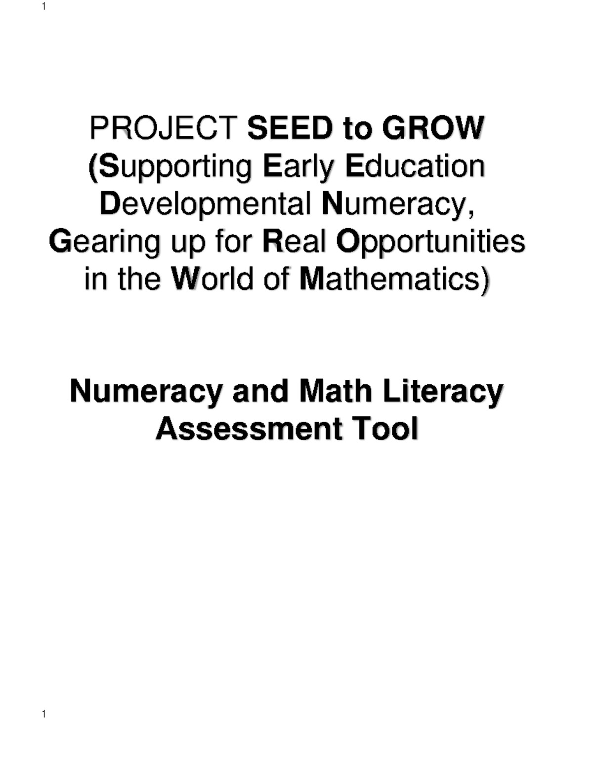 Project SEED to GROW Numeracy and Math Literacy Assessment Tool ...