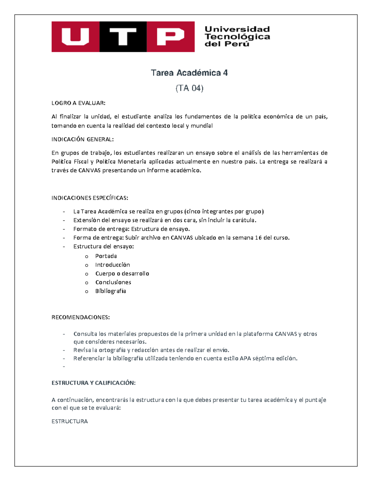 Tarea Académica 4 Rubrica De La Ta4 Tarea Académica 4 Ta 0 4