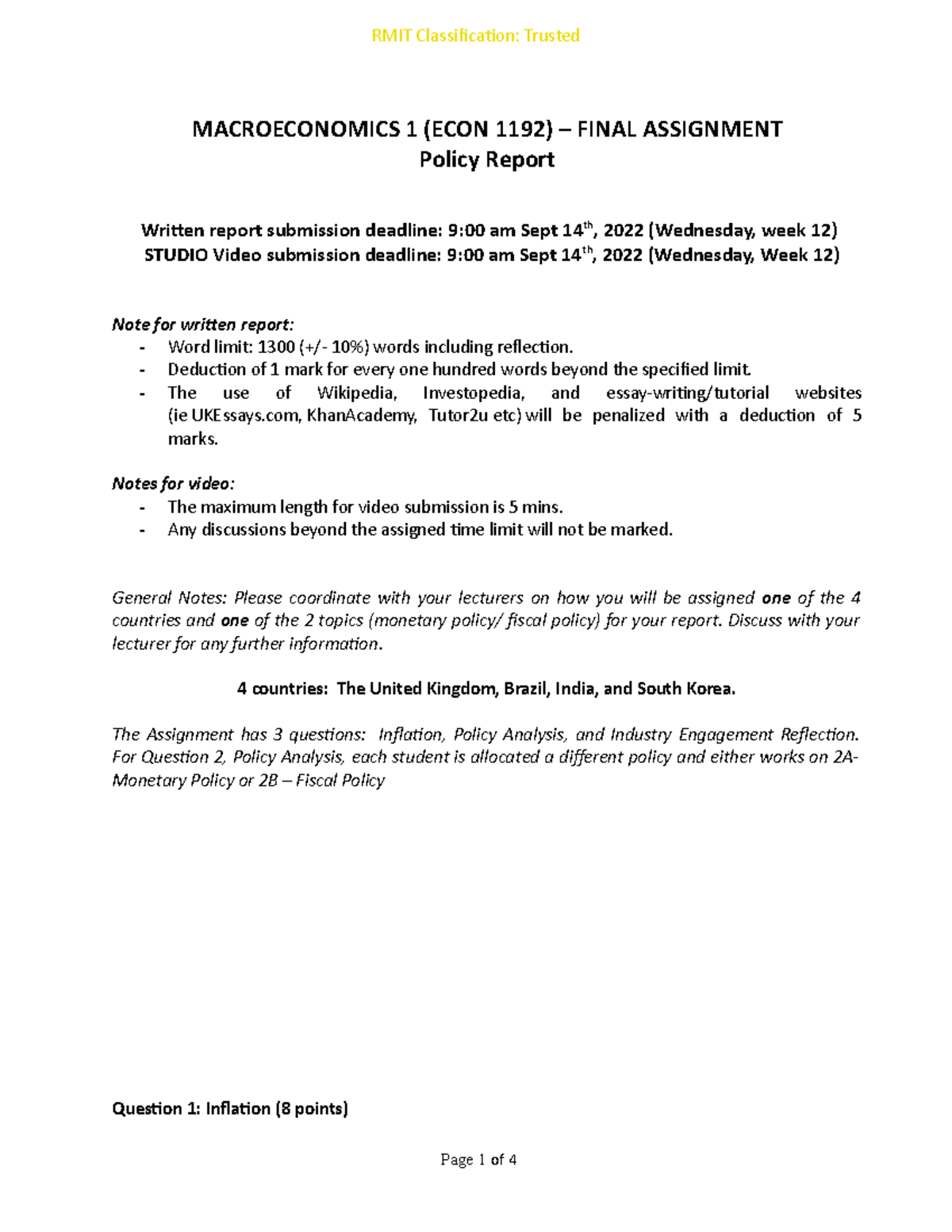 Macro 1 S2 2022 Final Assignment-1 - MACROECONOMICS 1 (ECON 1192 ...