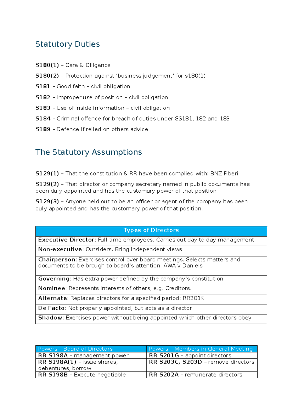 Sections and Assumptions - Statutory Duties S180(1) – Care & Diligence ...