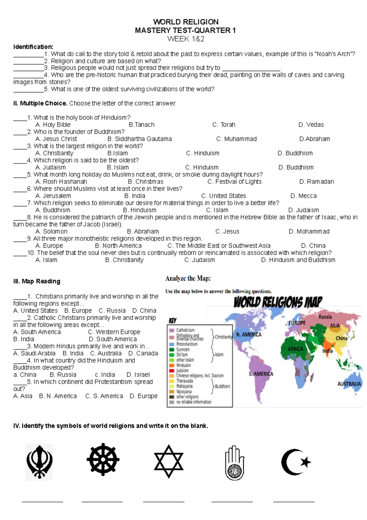 Mastery TEST #1 - Created by Clarise D. Laurel. - WORLD RELIGION ...