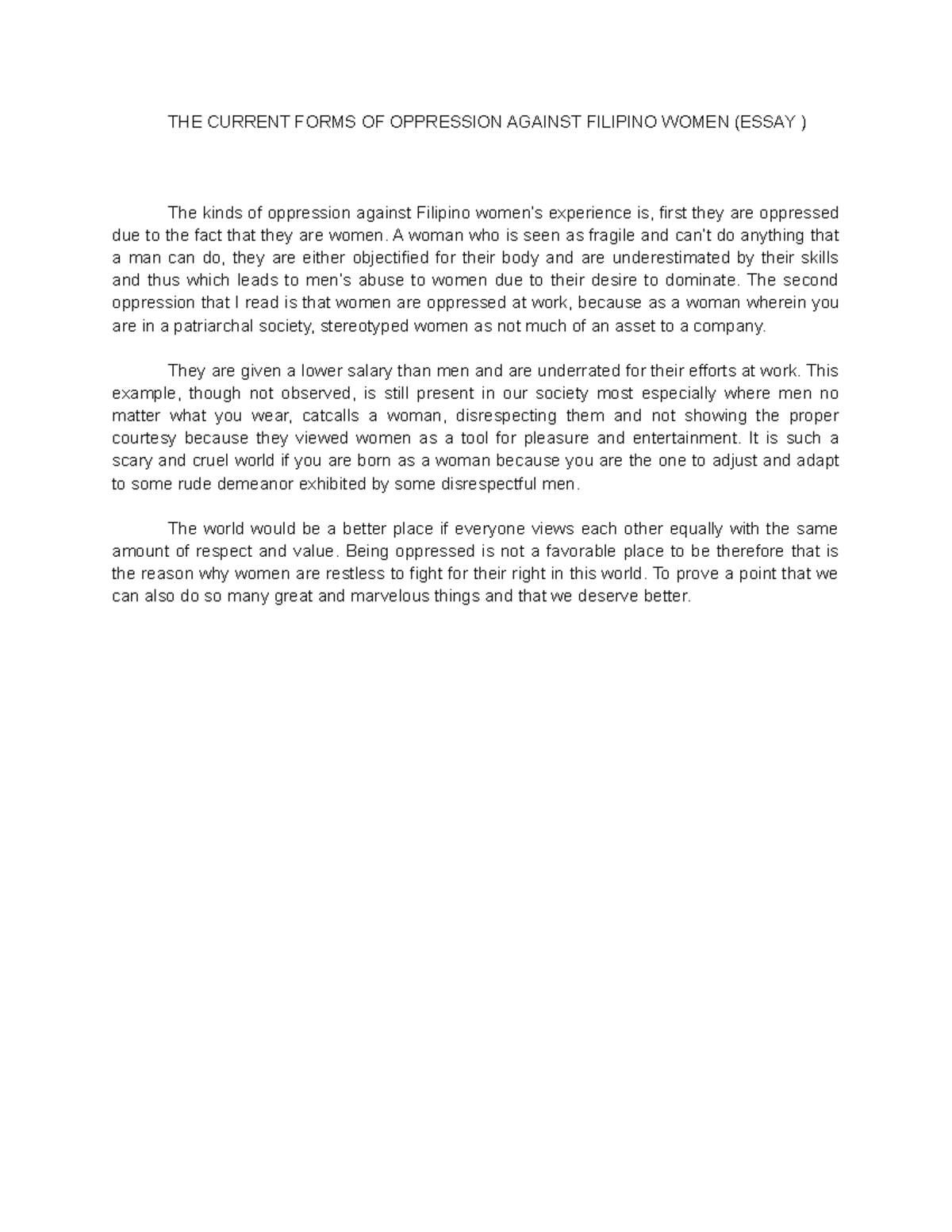 QUIZ ON THE Current Forms OF Oppression Against Filipino Women ( Essay ...