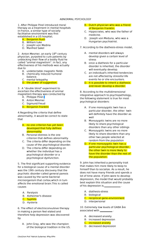 Abnormal Psychology - Practice Drill - ABNORMAL PSYCHOLOGY 1 of the ...