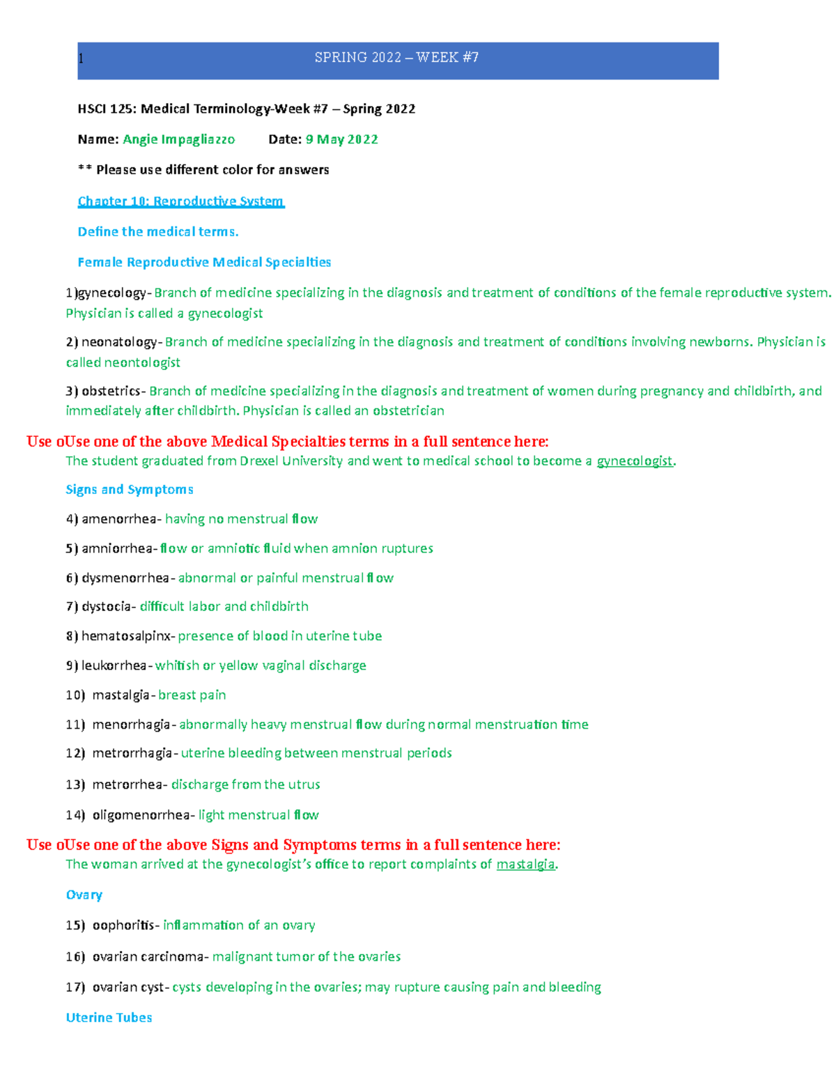 Week #7 Assignment - Spring 2022 - 1 HSCI 125: Medical Terminology-Week ...