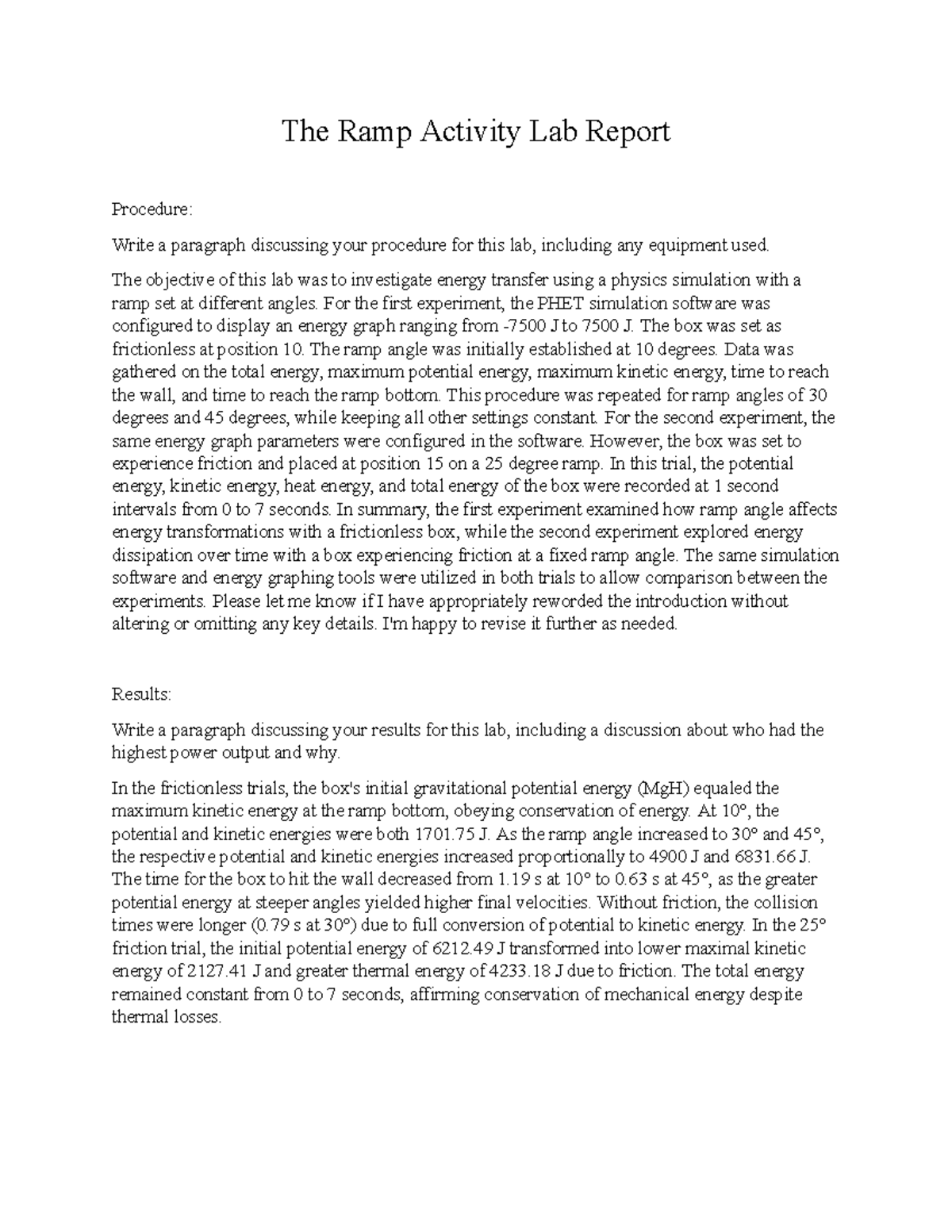 The Ramp Energy Lab Activity Lab Report - The Ramp Activity Lab Report ...
